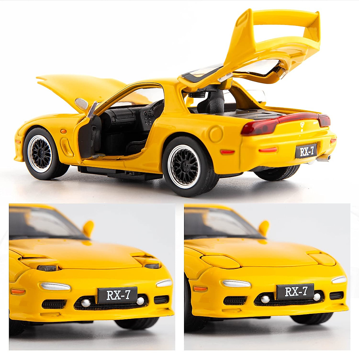 TGRCM-CZ 1/32 Scale RX-7 Model Car, Zinc Alloy Toy Car with Sound and Light for Kids Boy Girl Gift Metal Body, Door can be Opened Yellow