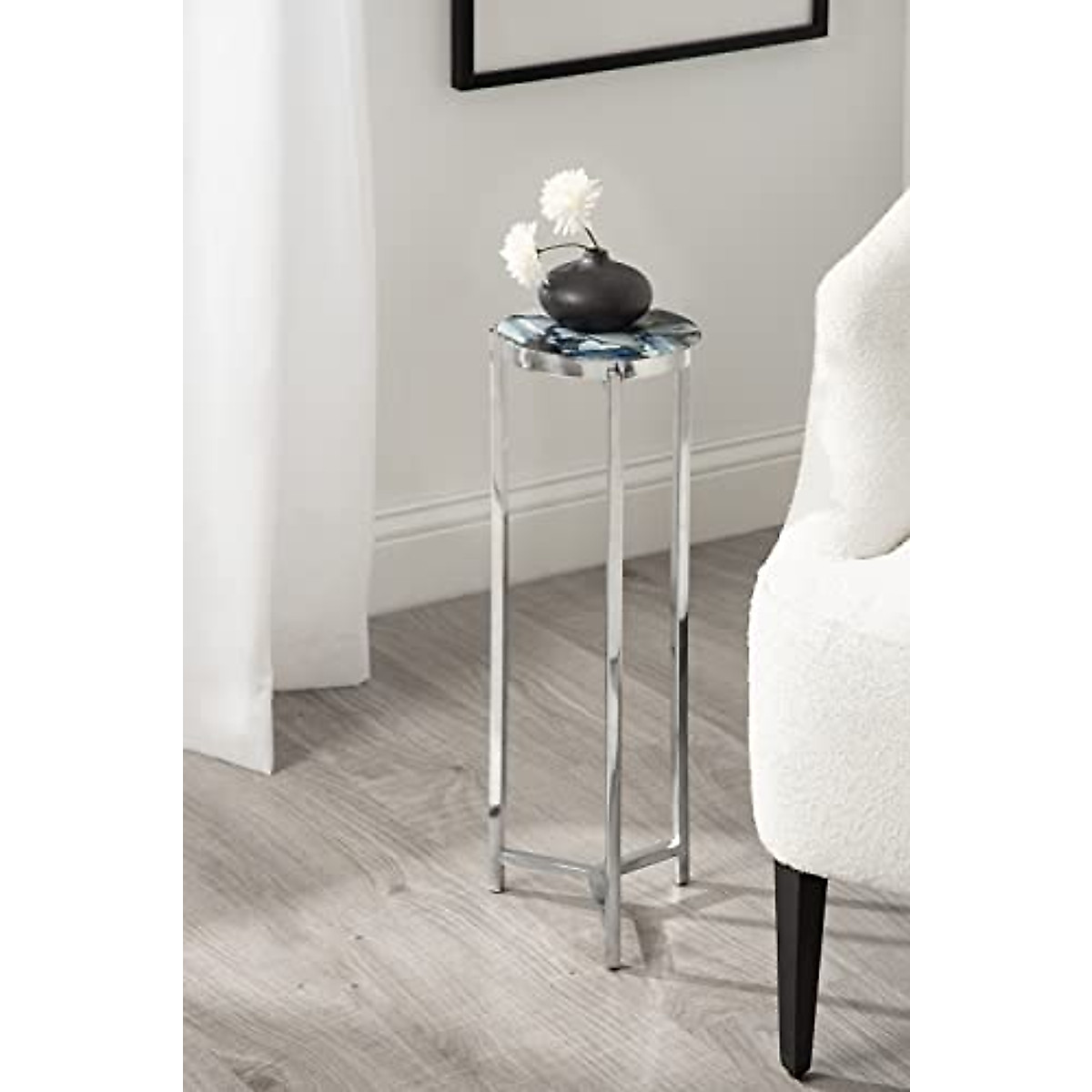 Kate and Laurel Aguilar Modern Round Drink Table, 8 x 8 x 23, Blue and Silver, Small Accent Table for Use as Plant Pedestal Stand with Agate Stone Tabletop