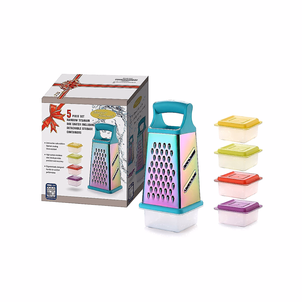 Rainbow Color Cutlery Knife Set, Marco Almond KYA27 Kitchen Knives Set with Wooden Block Plugs Professional Rainbow Color Box Grater,Stainless Steel Grater Slicer 5 PCS Set