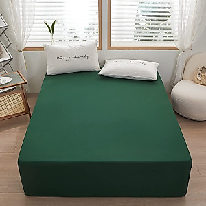 Bedding Twin Size Fitted Sheet Only-Twin Size Deep Pocket Bottom Sheet Fits 15inches Bed Matress Sheet Soft and Microfiber Easy Care-Dark Green