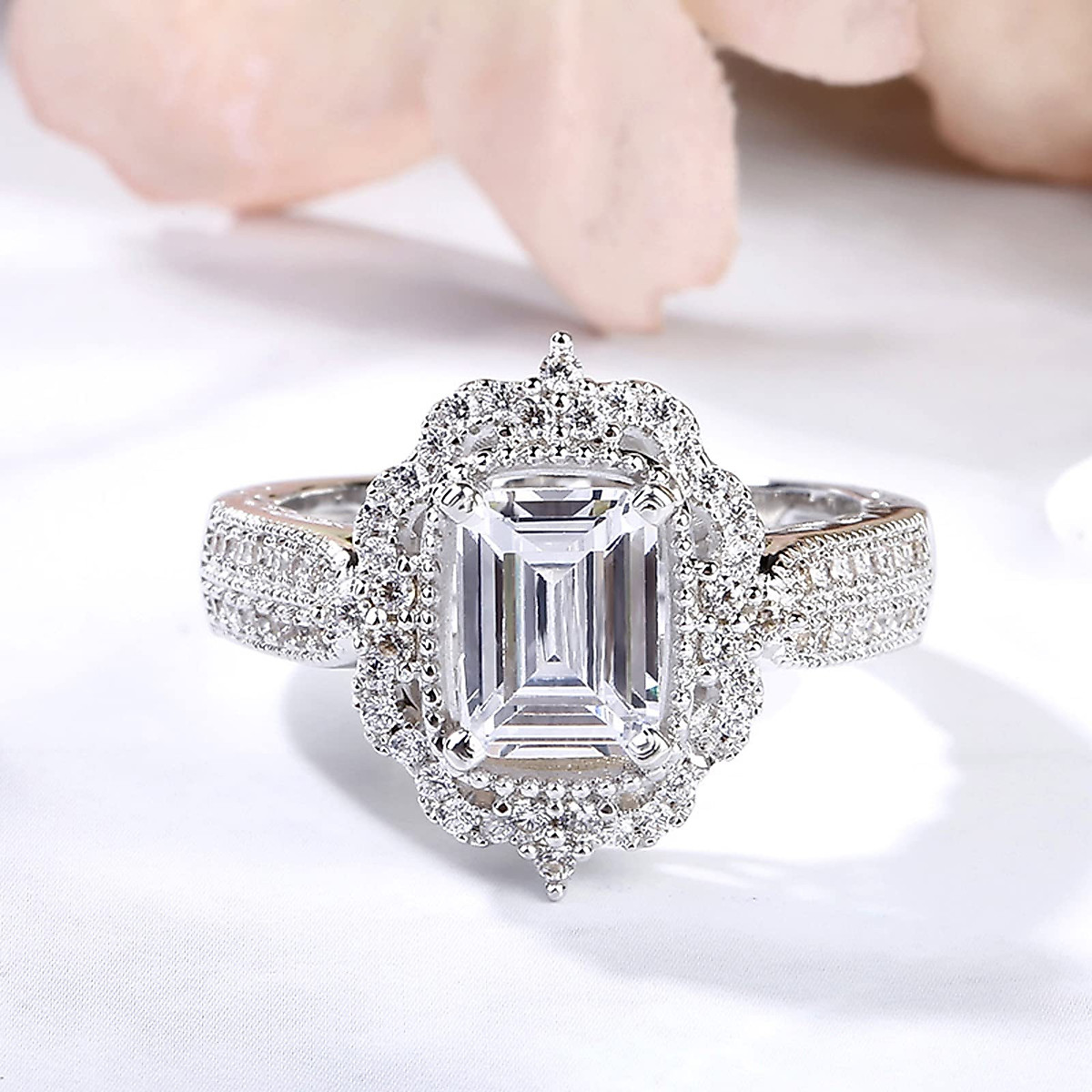 Jeulia 2.5 Carat Emerald Cut Rings for Women 925 Sterling Silver Halo Solitaire Engagement Rings White Diamond Cubic Zirconia Eternity Rings Anniversary Promise with Jewelry Gift Box (White, 6)