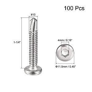 uxcell Hex Socket Self Tapping Screws, #10 x 1-1/4" 410 Stainless Steel Sheet Metal Flat Head Drilling Screw 100pcs, Silver