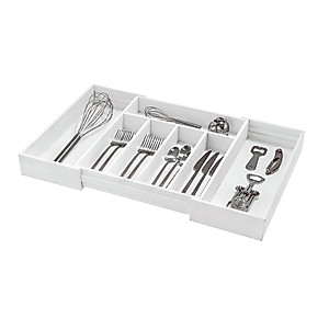 iDesign Renewable Paulownia Wood Collection Expandable Flatware and Cutlery Tray, 15" x 12"-22", White Wash