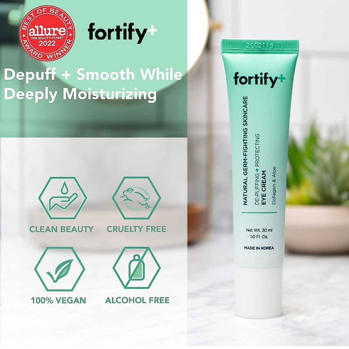 Fortify 9-in-1 Natural Skincare - Eye Cream - De-Puffing + Protecting | Helps Protect, Hydrate, & Refresh | Clean Beauty | Made in Korea - 30ML