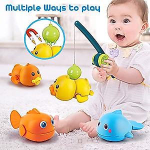 DWI Dowellin Bath Toys Magnetic Fishing Games Baby Bath Toys, Wind-up Swimming Fish Duck Whale Toys Floating Pool Bathtub Water Toys for Toddlers Kids Infant Age 18 Months and up Girl Boy