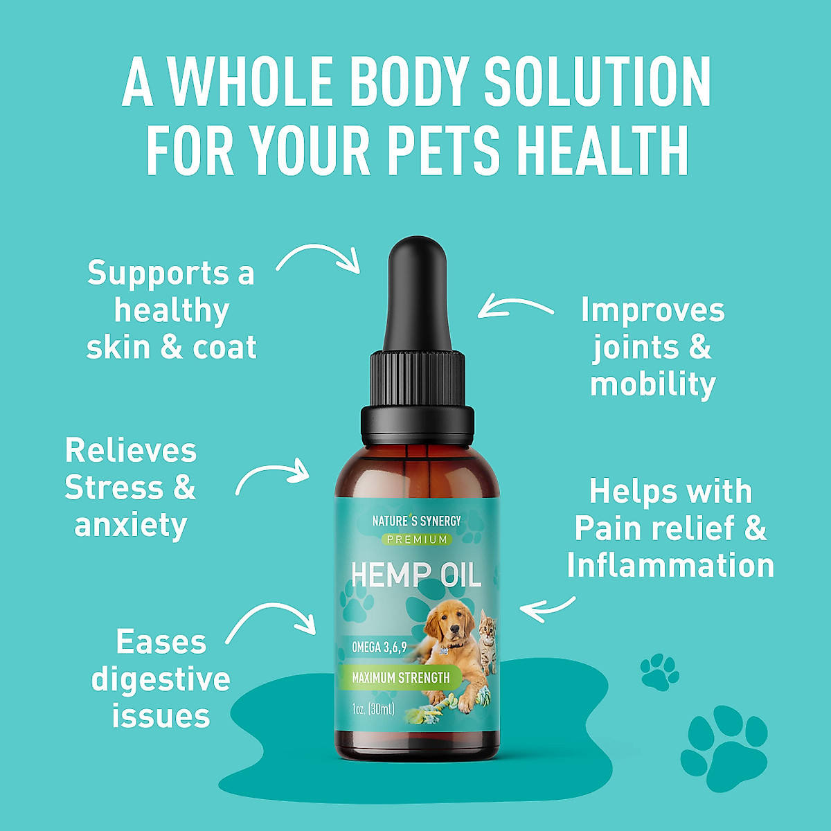 Nature's Synergy Hemp Oil for Dogs, Cats & Pets, Omega 3 6 9 Fatty Acids for Hip and Joint Support, Skin and Coat Health, Calming Dog Supplement to Support Stress from Travel, Separation, 1 Oz Bottle