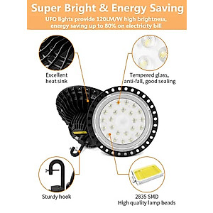LED High Bay Light, 100W 12000LM UFO LED High Bay Lights with US Plug 5' Cable, 6500K Super Bright LED Shop Lights, IP65 Warehouse Light, Area Light Fixture Shop Light for Garage Warehouse Workshop