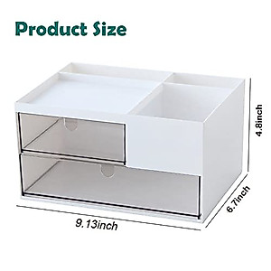 BiutiMama Desk Organizers and accessories with 2 Cosmetic Storage Drawers and 4 Compartments, Makeup Stationery Vanity Organizer, Desk Decor Aesthetic Multifunctional for Office, School, Home (White)