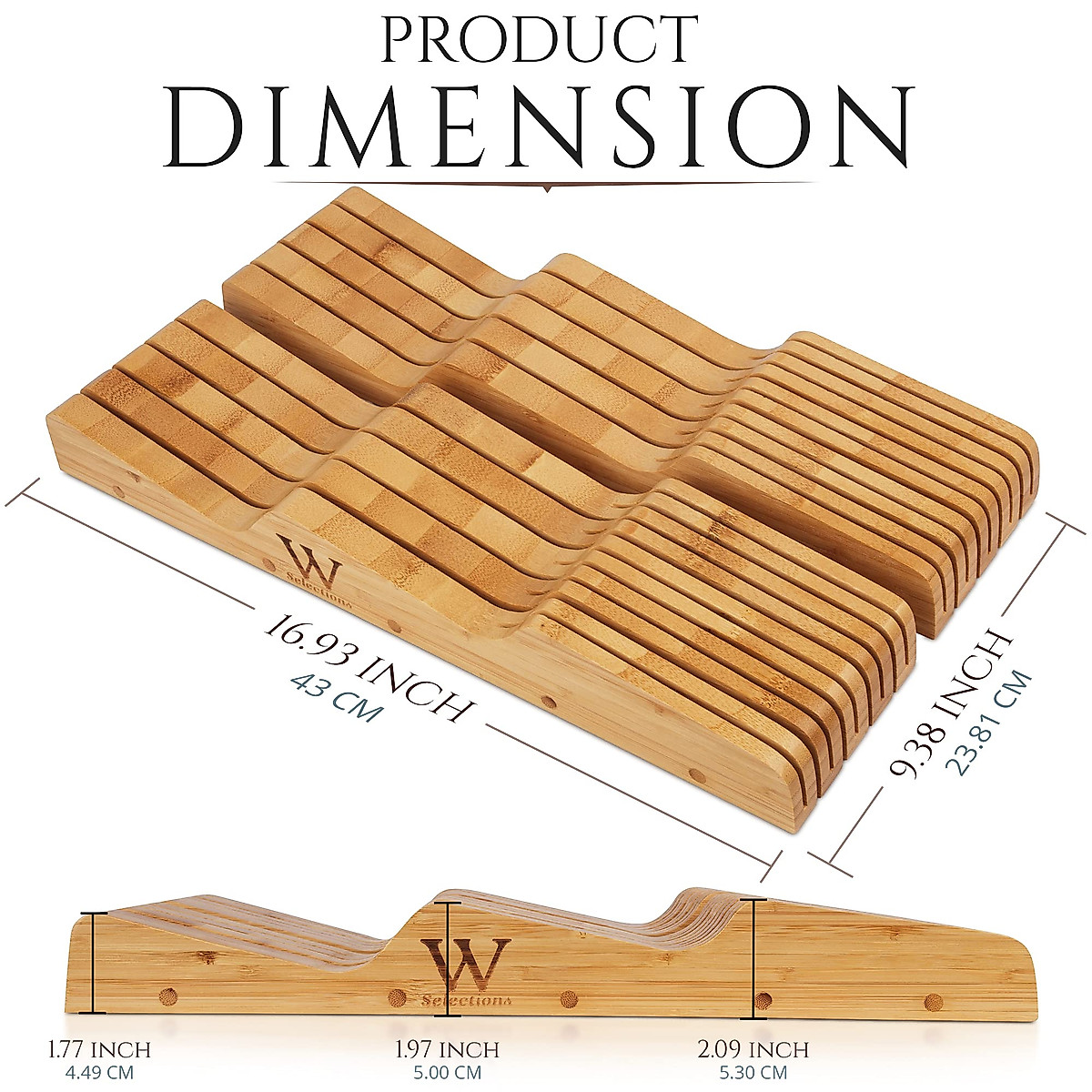 W Selections Bamboo Knife Drawer Organizer Insert - Kitchen Storage Holder for [18~26 Knives & 1~2 Honing Steel] Organization - Saves Countertop Space & Made of Premium Quality Moso Bamboo