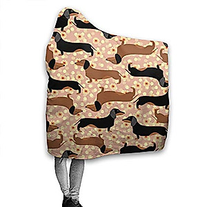 Dachshund and Flower Hoodie Blanket Wearable Throw Blankets for Couch Blanket Hooded for Baby Kids Men Women