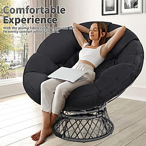 KROFEM 44" Giant Oversized Wicker Papasan Chair with Cushion Teens and Adults, Fluid 360 Swivel, Ideal for Dorm, Bedroom, or Living Room Grey Frame with Black Cushion