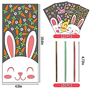 LOKIPA Easter Celllophane Treat Bags, 120 Pieces Clear Easter Candy Bags with 150 Twist Ties for Easter Supplies