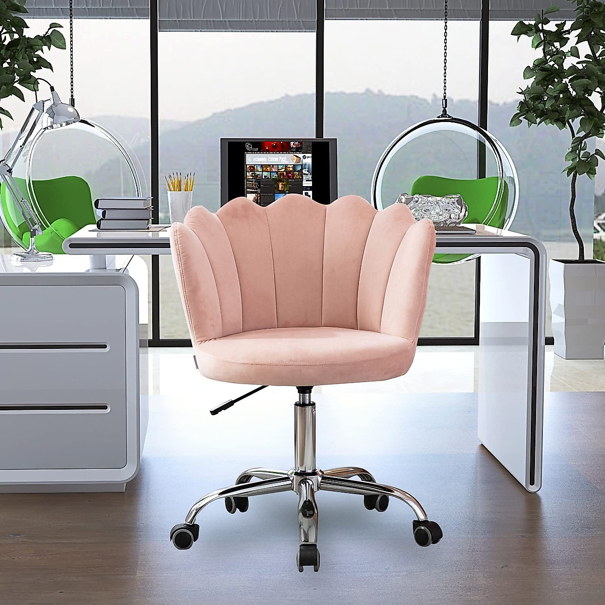 Yoluckea Modern Velvet Swivel Office Chair, Pink, Adjustable Height, Ergonomic Design