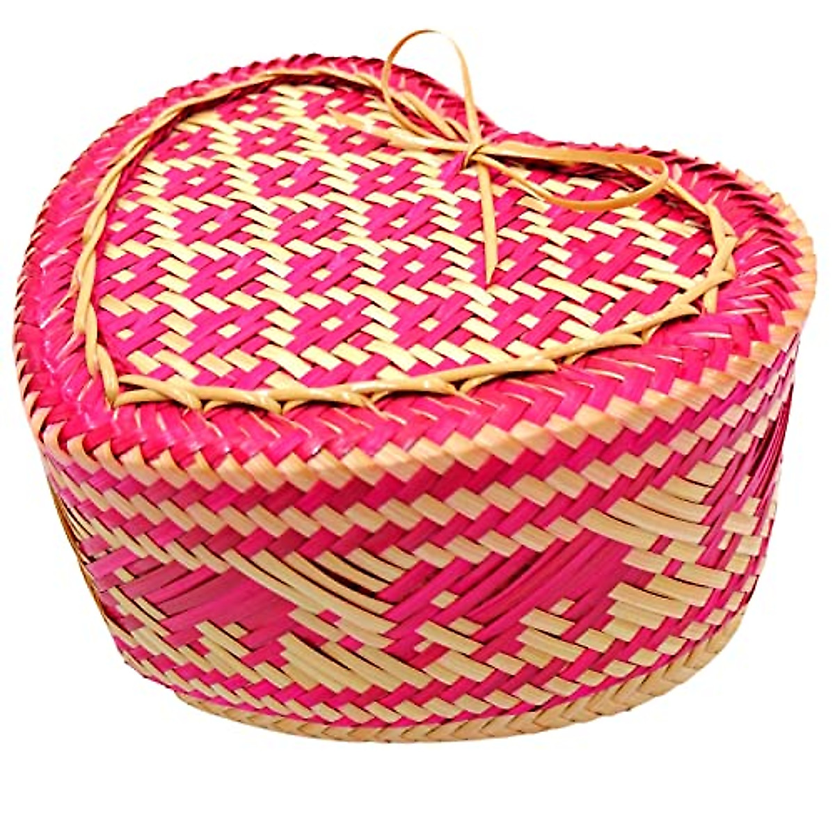 FOREVER 1 – Bamboo Sticky Rice Serving Basket 6.2 x 5.2 Inch, Kratip, Intricately Woven Container, Heart-Shaped, Elephant Weave Pattern, Bright Pink, Thailand Handmade, Dyed with Natural Based