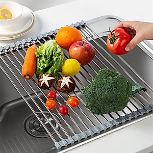 Over The Sink Dish Drying Rack, RidRed Roll up dish rack, High temperature resistance Kitchen Rolling Dish Drainer, Stainless Steel Sink Drying Rack, Foldable Dish Drainer, Gray (17.5 x 11.8)