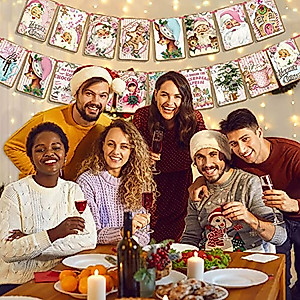 Pink Christmas Decorations Vintage Style Santa Claus Elk Gingerbread Banner Merry Christmas Hanging Banner for Home Office Party Fireplace Christmas Party Supplies