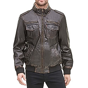 Levi's mens Vintage Deer Sherpa Lined Aviator Bomber Faux Leather Jacket, Dark Brown, Large US