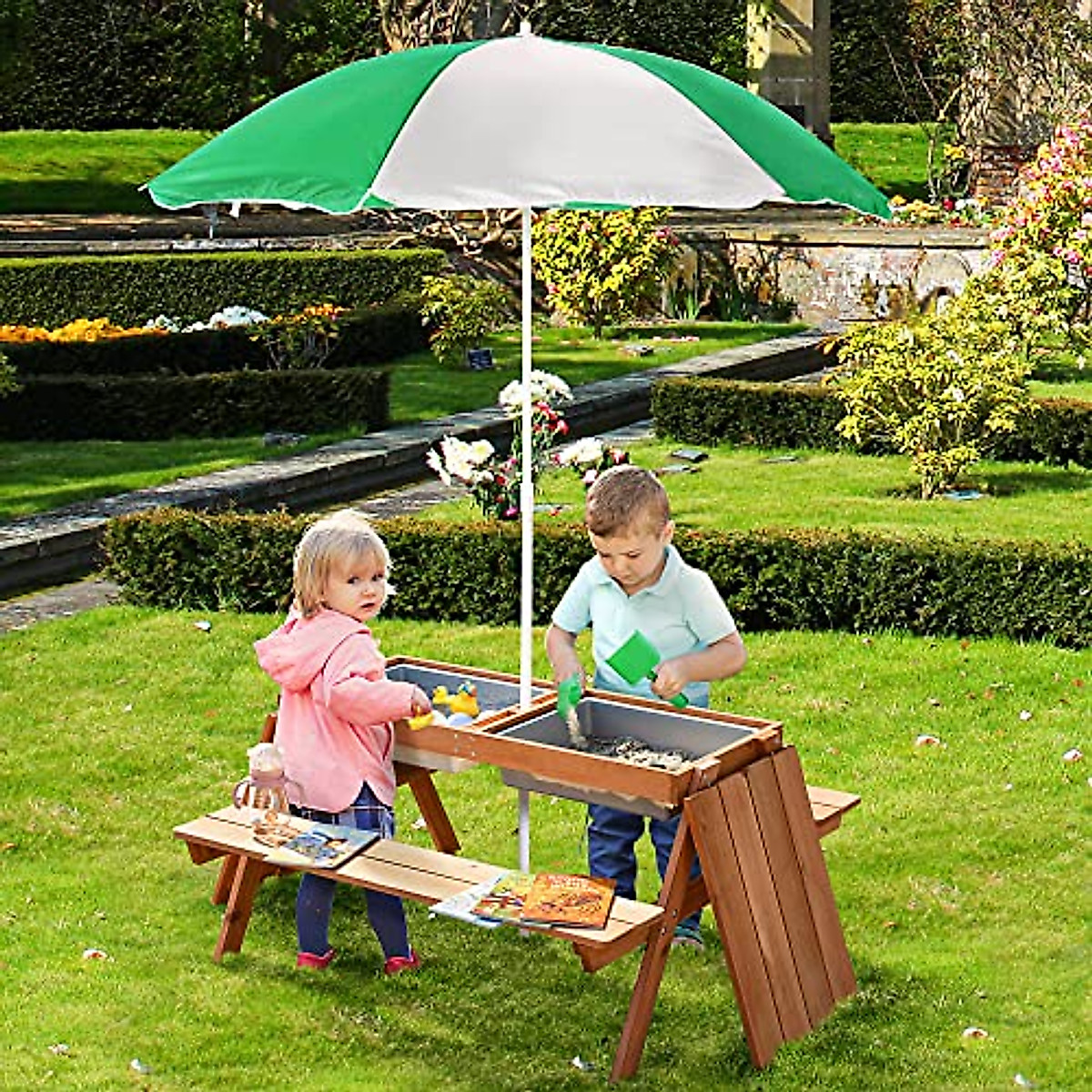 Outsunny Kids Picnic Table with Umbrella and Storage Inside, Sand and Water Table, Kids Outdoor Furniture, Wooden Bench Backyard Furniture for Garden, Patio, or Balcony