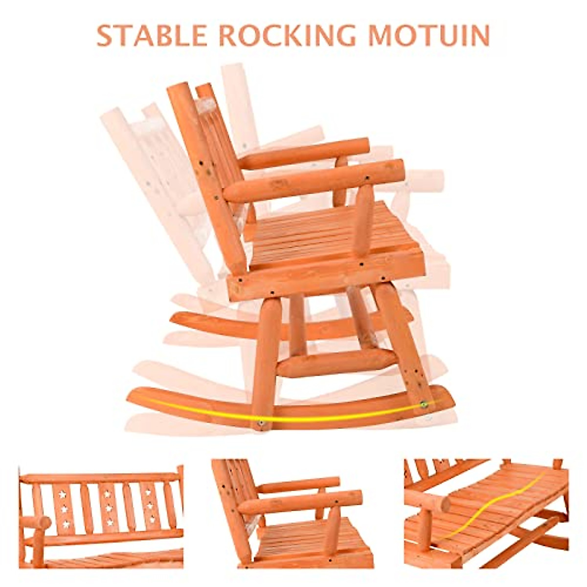 XCSOURCE Wood Rocking Chair Outdoor, Rocking Bench Outdoor with Paper Storage Bag, Rocking Patio Chair for 2 Persons, Porch Bench, Rocker Chair for Porch (Orange)