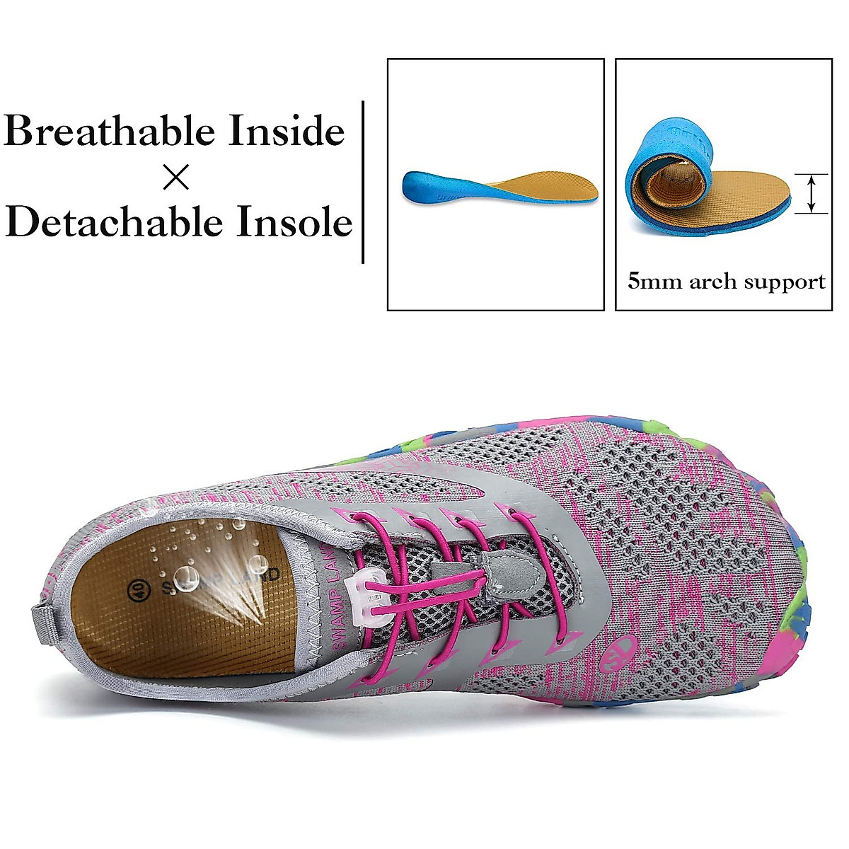 Womens Barefoot Gym Running Walking Trail Beach Hiking Water Shoes Aqua Sports Pool Surf Waterfall Climbing Quick Dry Grey/Pink