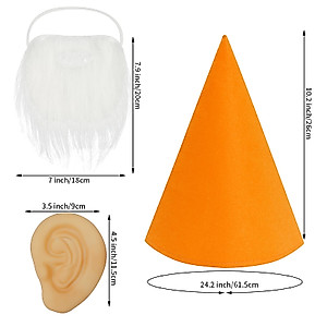 16 Packs Gnome Costume Sets, 7 Pcs Felt Cone Dwarf Hats, 7 Pcs White Fake Beard and 2 Pcs Fake Ears for Halloween Christmas Party Cosplay, Style 2