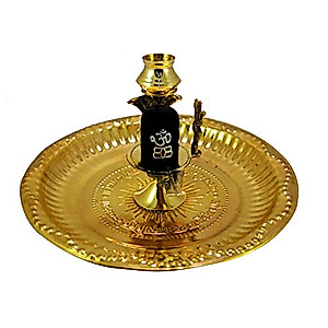 Crafting Bear Shaligram Shiva Ling Lingam Statue Marble Stone Snake Trishul Set Brass Stand with Decorative Pooja Thali for Home Temple Decor, 8 cm