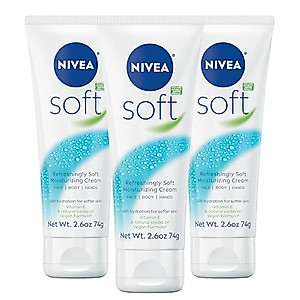 NIVEA Soft Refreshingly Soft Moisturizing Cream, Lightweight Moisturizer for Face, Body and Hands, Body Cream Enriched with Jojoba Oil and Vitamin E, 2.6 Oz Tube, Pack of 3