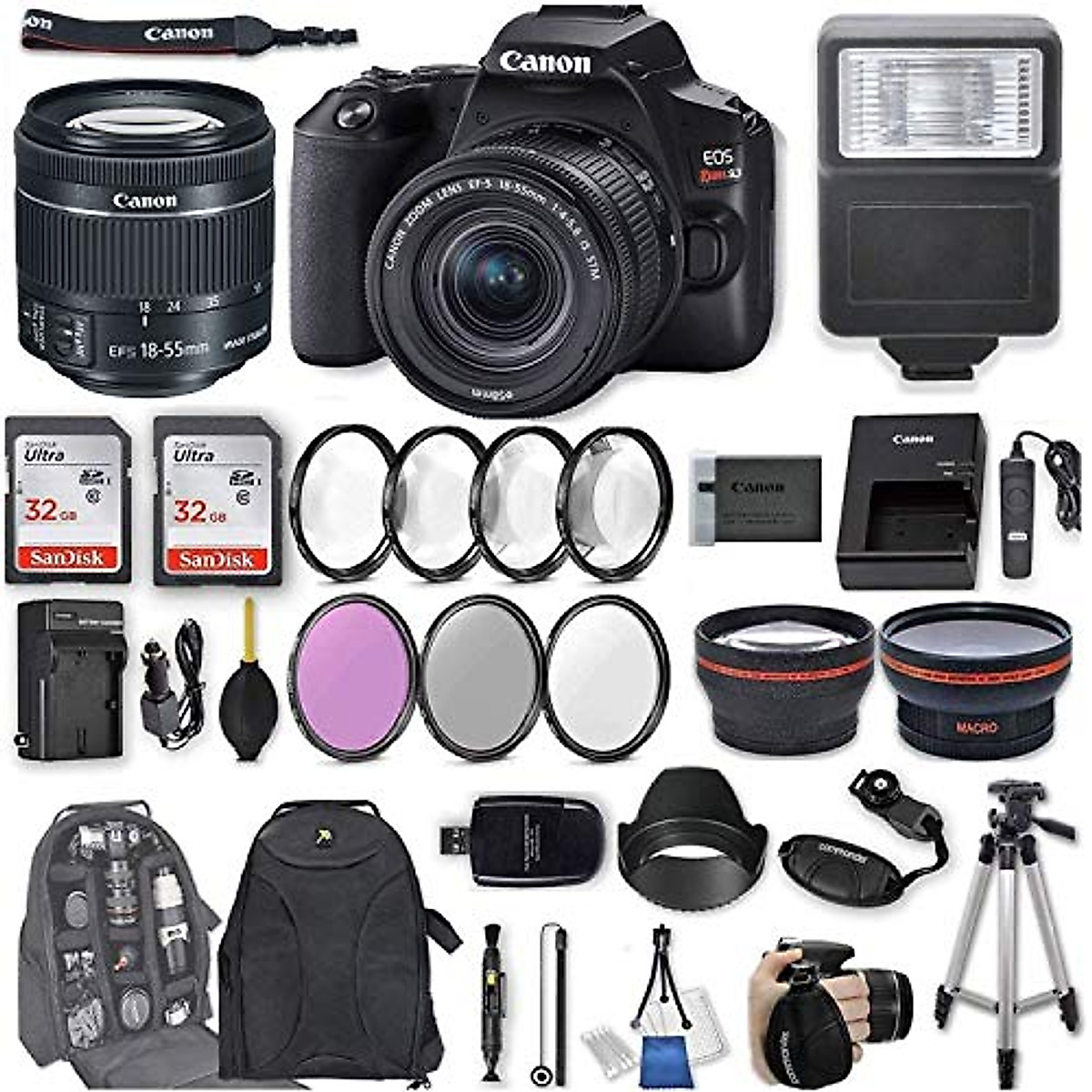 Canon EOS Rebel SL3 DSLR Camera with EF-S 18-55mm f/4-5.6 is STM Lens + 2Pcs 32GB Sandisk SD Memory + Digital Flash + Filter & Macro Kits + Backpack + 50" Tripod + More