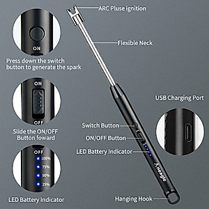 Aneagle Candle Lighter Rechargeable 2 packs Electric Arc Lighter for Candles with Led Battery Display Screen and Long Flexible Neck USB are Applied to Light Candle Cooking Fireworks Flame