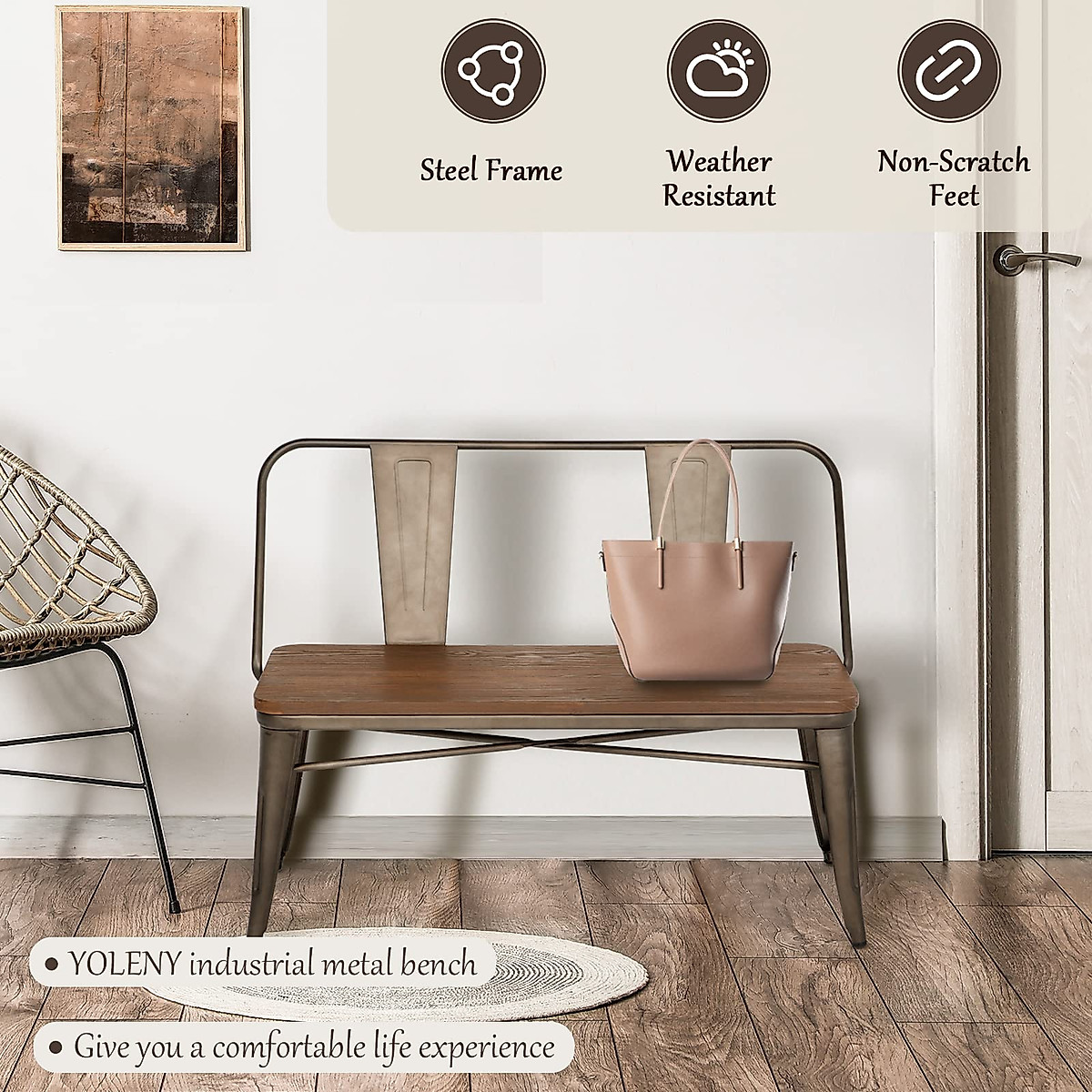 YOLENY EROMMY Metal Bench Industrial Mid-Century 2 Person Chair with Wood Seat,Dining Bench with Floor Protector Copper AZ1006