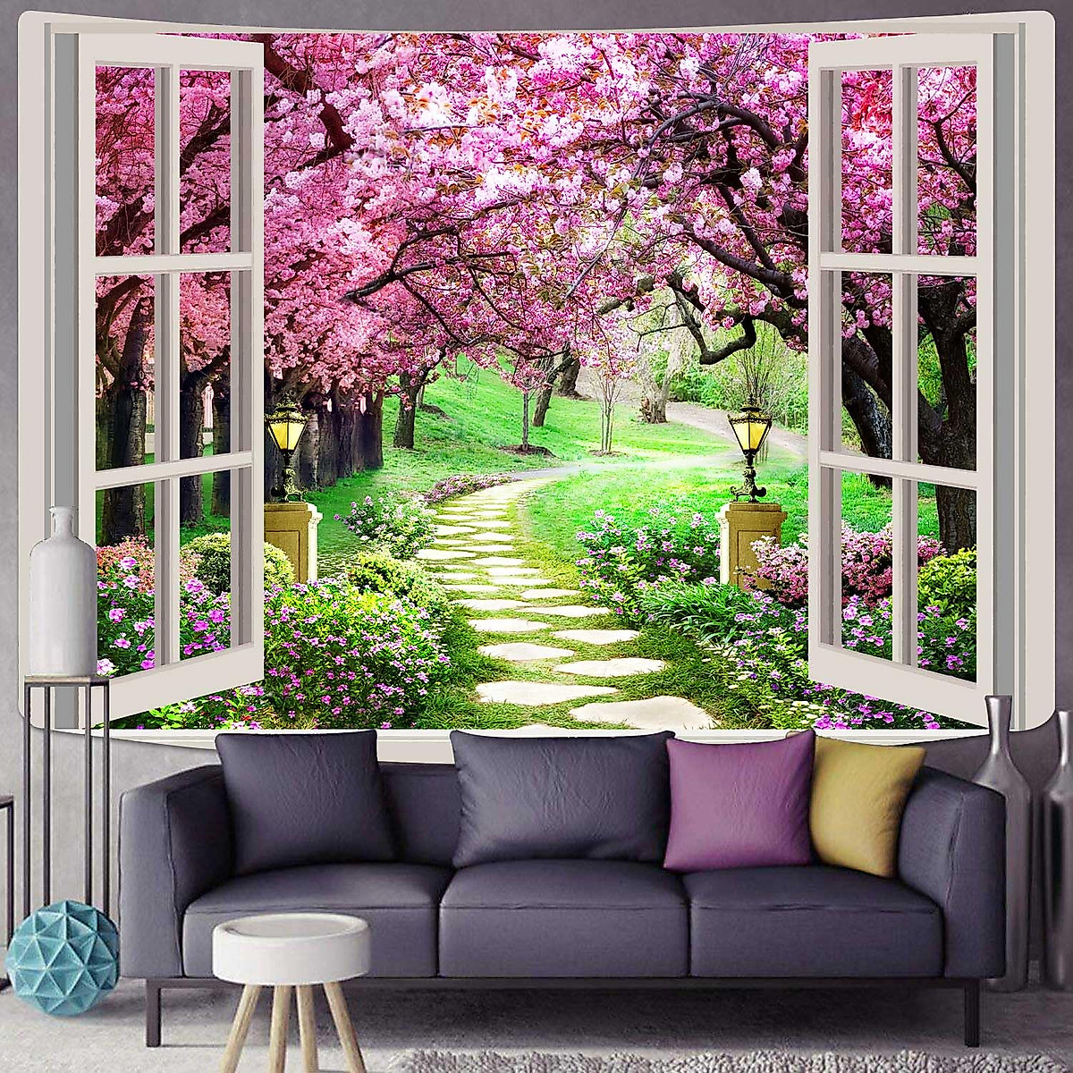 Japanese Cherry Blossom Window Tapestry Tree Forest Path Pink Flowers Window Tapestry Botanical Floral Natural Landscape Aesthetic Tapestry for Living Room Bedroom Nursery Home Decor 60x40Inches