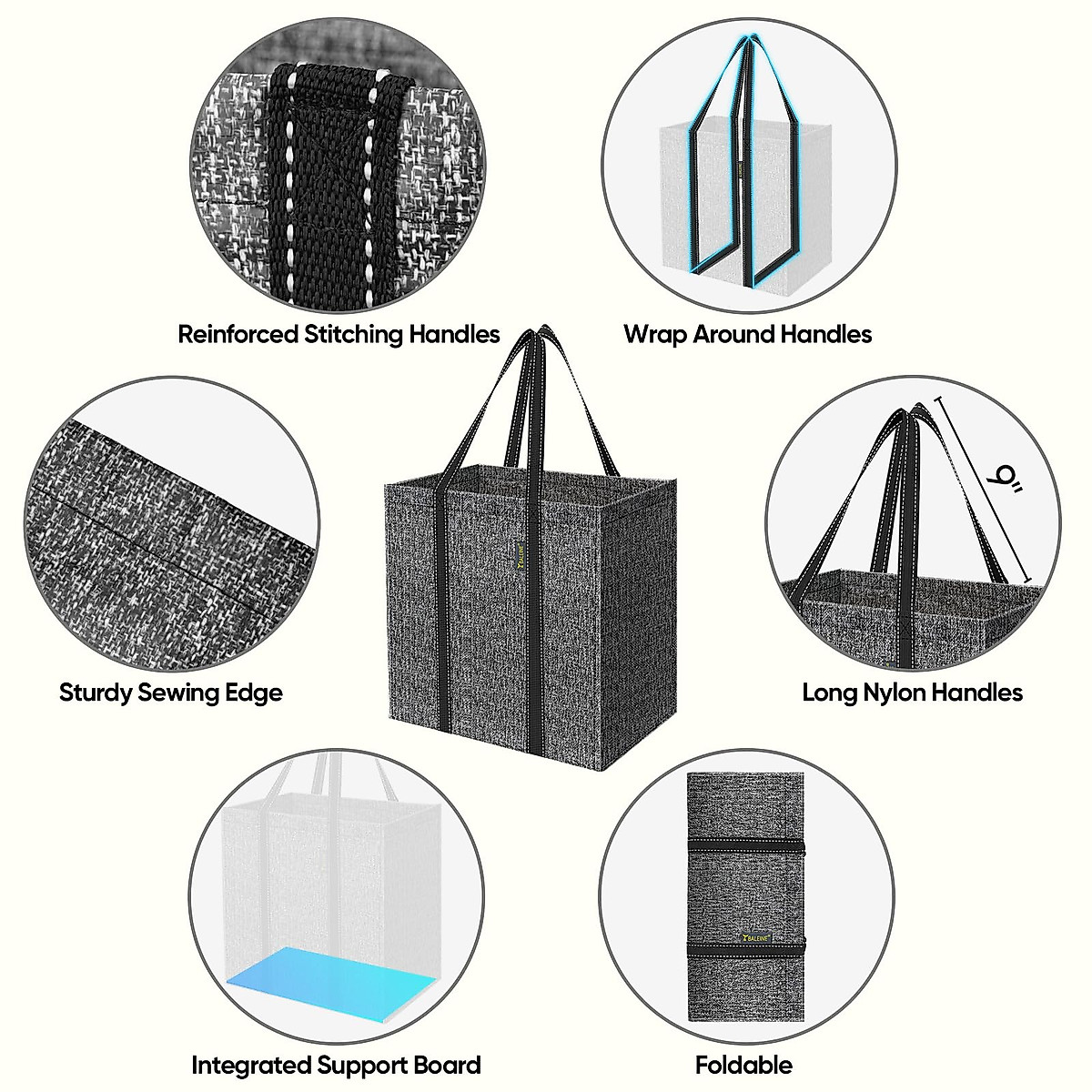 BALEINE 4 PK Grocery Bags Reusable Shopping Bags with Reinforced Bottom, Heavy Duty Foldable Tote Bags (Grey)