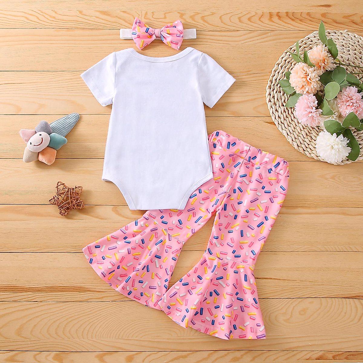 Lamuusaa Toddler Baby Girls Birthday Outfits Sweet One/Two Sweet Romper Shirts Doughnut Shorts/Flared Pants Headband Set