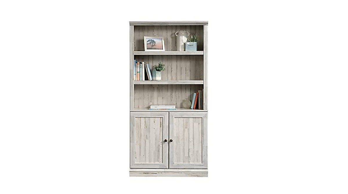 Sauder 3-Shelf Bookcase with Doors - White Plank Finish