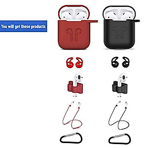 Airpods Case, Airpods Accessories Kits, 2 Packs Protective Silicone Cover Skin Apple Airpods Anti-Lost Airbag Belt,Airpods Ear Hook for Apple AirPods 2nd 1st Generation (Black+Red)