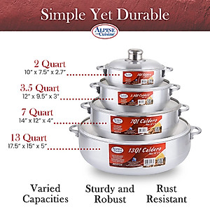 Alpine Cuisine Aluminum Caldero Stock Pot Set (2/3.5/7/13 Quart), Cosine Cooking Dutch Oven, Serve Large & Small Groups, Riveted Handles, Commercial Grade (8 Piece Set)