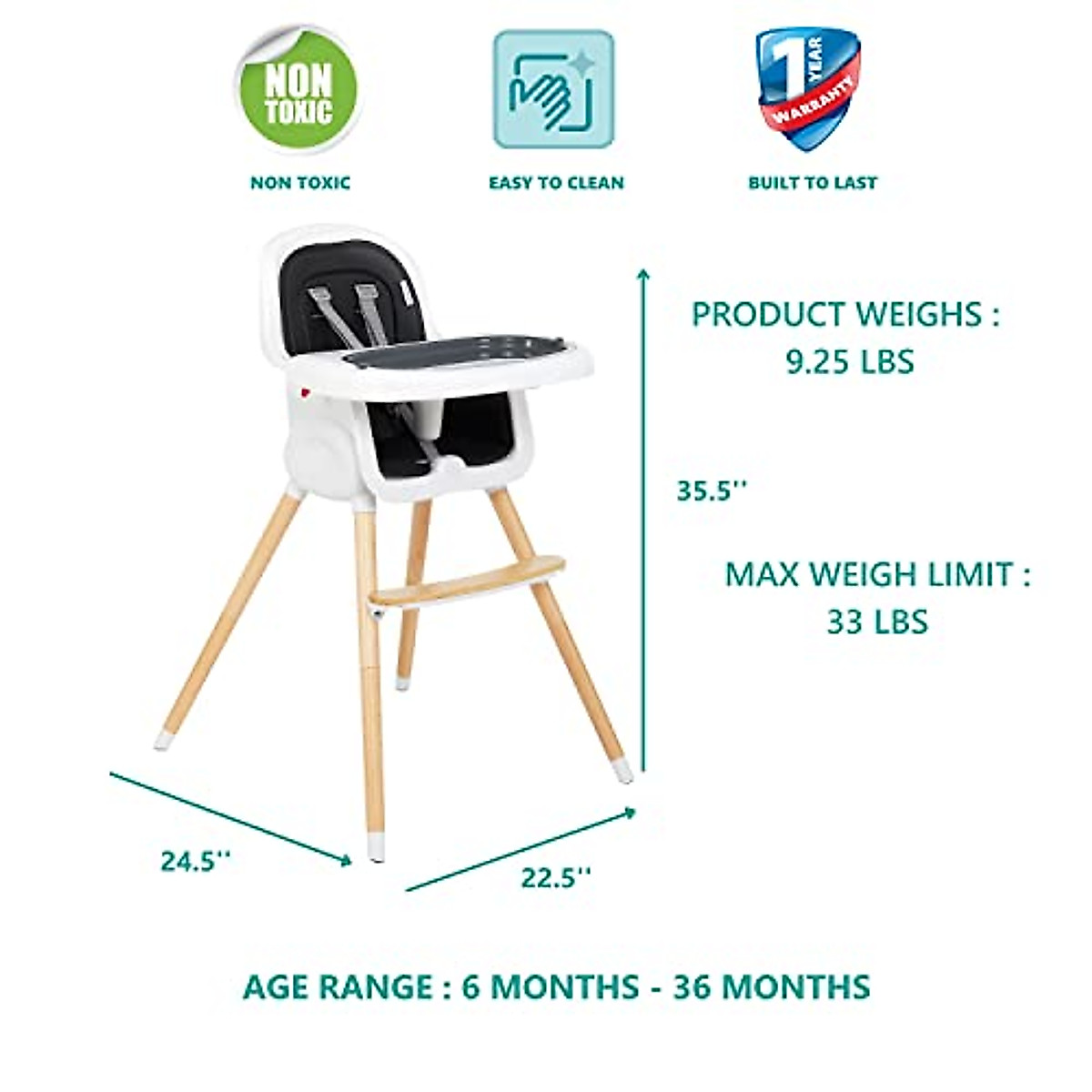 Dream on Me Lulu 2-in-1 Convertible Highchair in Black | Compact High Chair | Lightweight | Portable