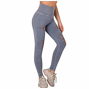 Bblulu Women's Hight Waisted Stretch Ripped Skinny Yoga Pants Solid Distressed Pants Non See Through Workout Running Tights
