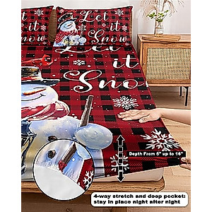 Full Size Fitted Sheet Bed Set Christmas Winter Snowman Cardinal Deep Pocket Soft Bottom Sheets&Pillowcases for Bedroom Decor Red and Black Buffalo Plaid,Fits Mattress Up to 16" Deep