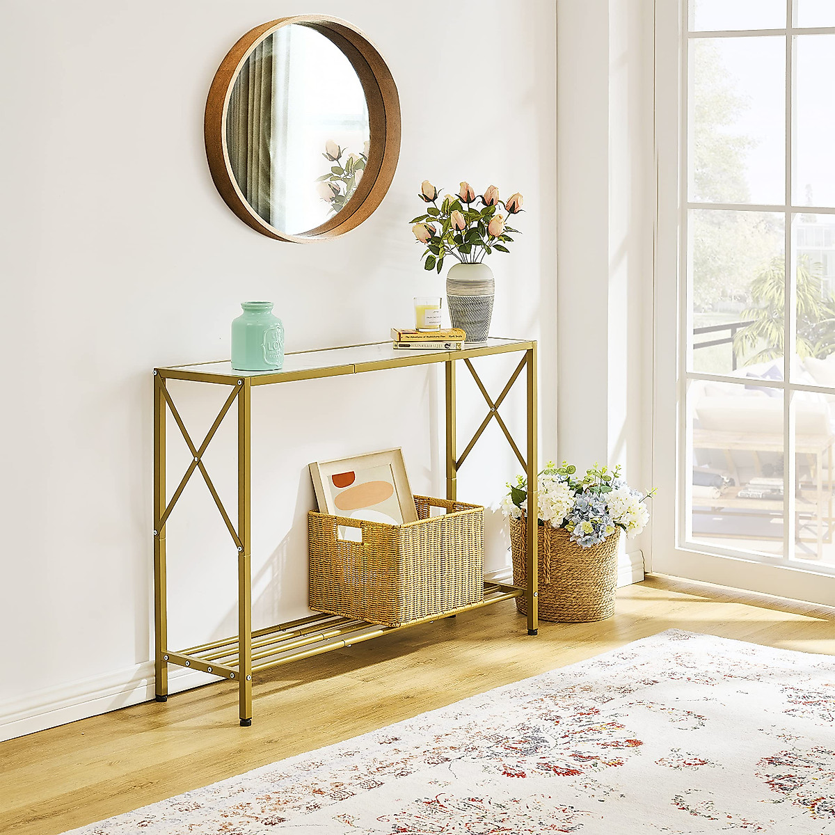 Tajsoon Entryway Table, 2-Tier Entry Way Console Entrance Table, 41.7”L Narrow Sofa Table with Shelves, Ideal for Hallway, Entryway, Living Room, Foyer, Corridor, and Office (Gold & White)