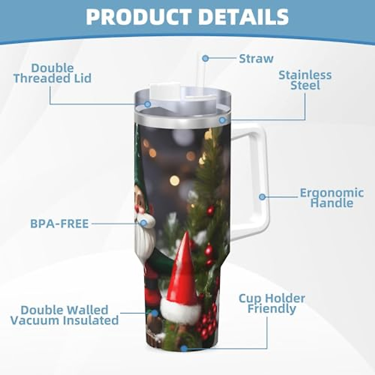 HULIBIN Christmas Traditional Gnomes Print Double Deck Stainless Steel Travel Coffee Cup With Lid 40 Oz Ice Bully Cup