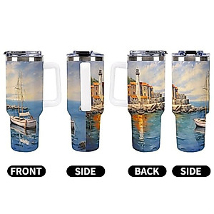 40 Oz Romantic Entitled Seaport Insulated Stainless Steel Tumbler with Handle & Straw Lid, Reusable Travel Cupholder Friendly Mug for Coffee, Water, Tea