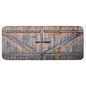 Ambesonne Rustic Kitchen Mat, Old Wooden Garage Door American Native Country Farm Style Artwork Image, Plush Decorative Kitchen Mat with Non Slip Backing, 47" X 19", Pale Brown and Grey