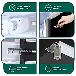 DEMULLER 3.5 Cu.ft Retro Mini Fridge with Freezer Dual Doors & Handles Compact Refrigerator with 7 Thermostat Control Freestanding Small Fridge with LED Light Kitchen Dorm Apartment Office Black