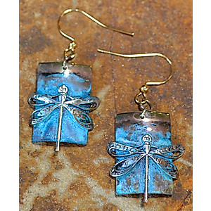 Elaine Coyne Verdigris Patina Solid Brass Dragonfly on Rectangle Dangle Earrings