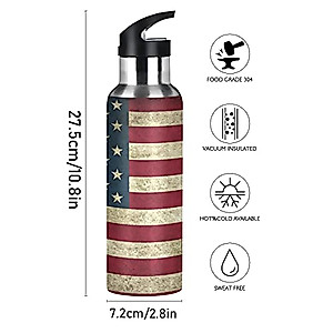 xigua American Flag Water Bottle with Straw Lid Vacuum Insulated Stainless Steel Thermo Flask for Sports Cycling Hiking School Home,20 oz.