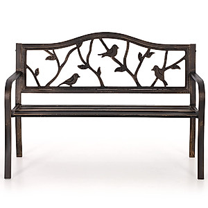 PHI VILLA 50" Patio Garden Bird Bench Steel Frame Park Yard Outdoor Furniture Cast Iron Porch Chair, Bronze