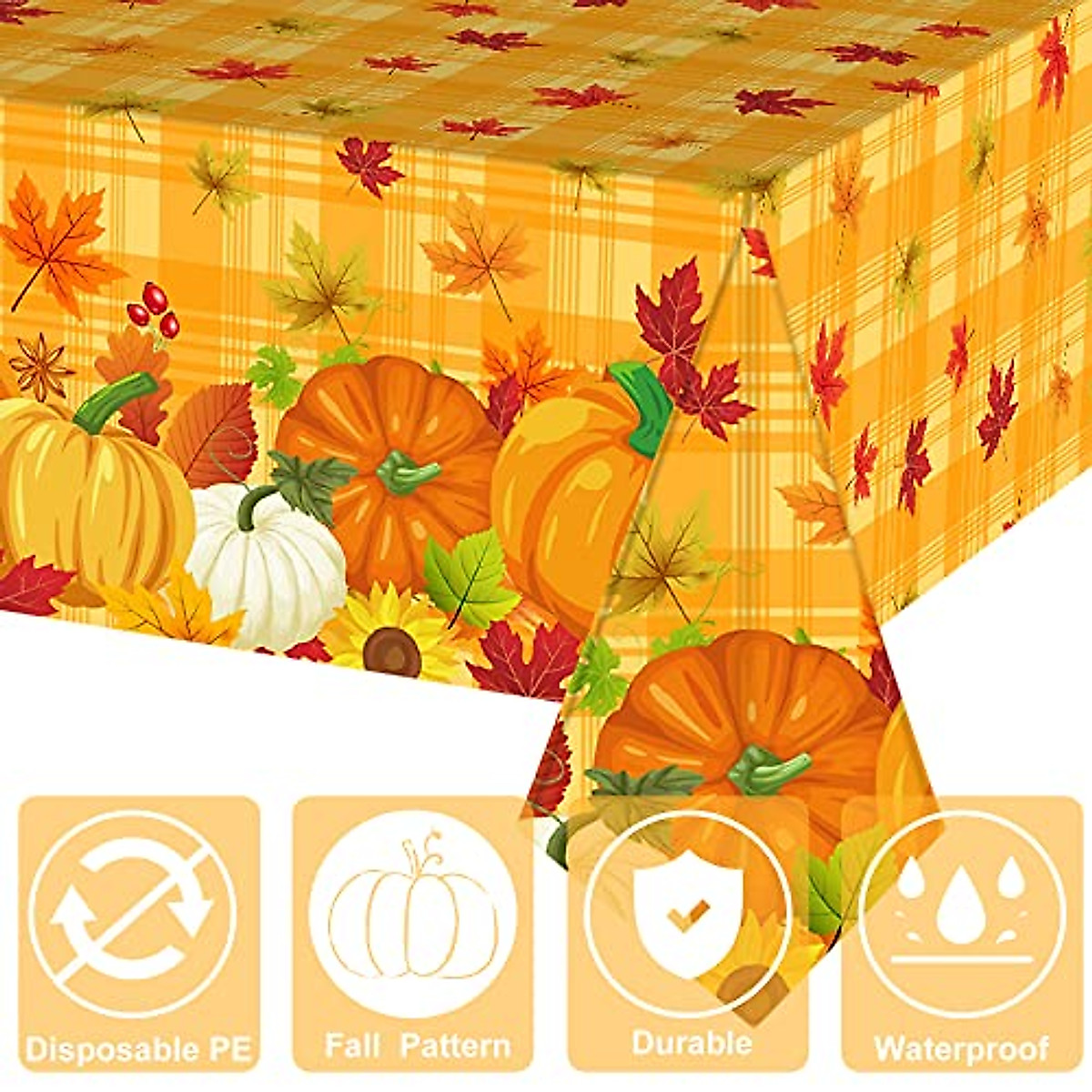 Set of 4 Fall Plastic Tablecloths Pumpkin Maple Leaf Table Covers Fall Plaid Disposable Tablecloths Autumn Checkered Waterproof Tablecloth for Thanksgiving Party Supplies Halloween, 54 x 108 Inch