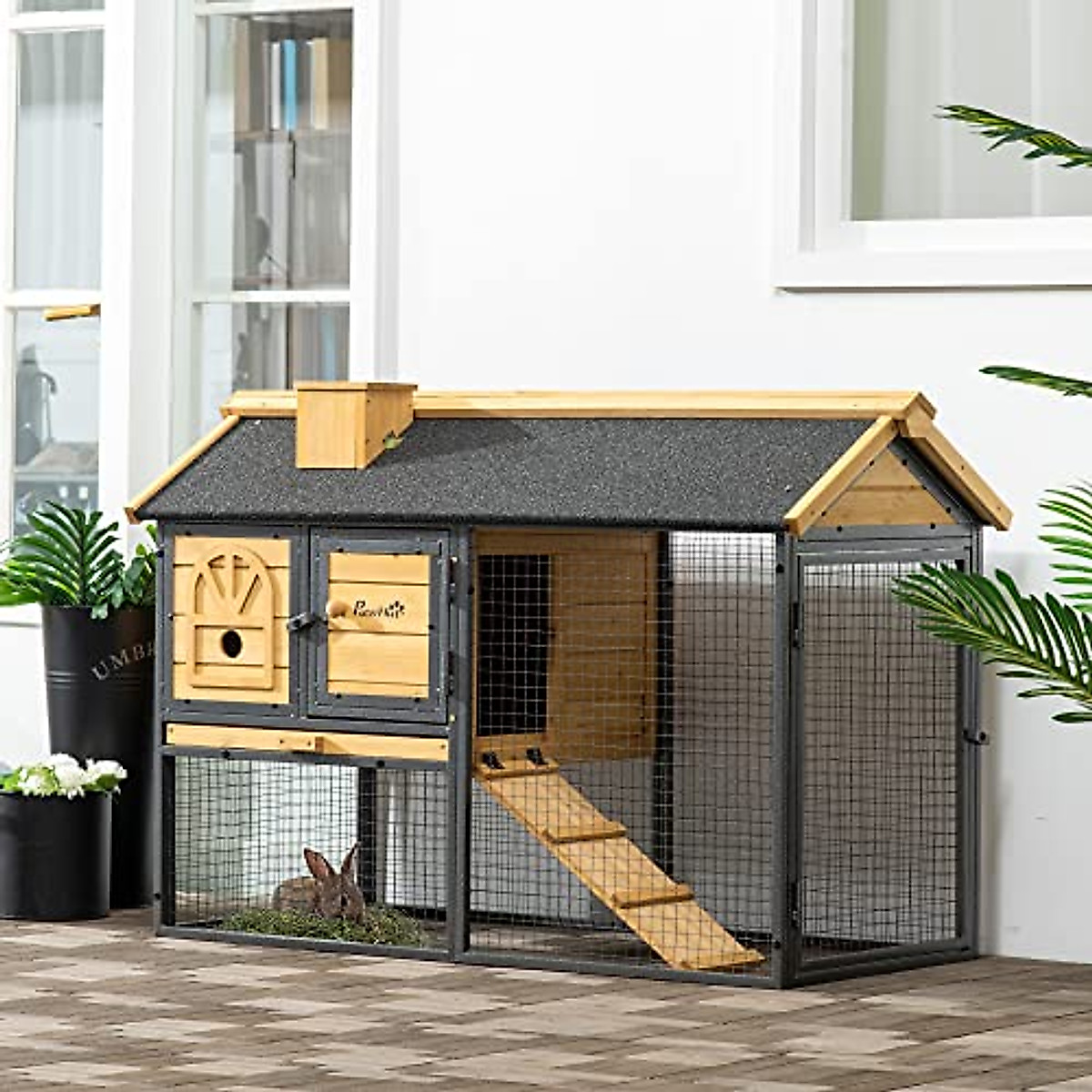 PawHut 47" Wooden Rabbit Hutch Outdoor with Run, Metal Frame, 2-Story Bunny Rabbit Cage with Removable Tray, Ramp, Bunny Hutch with Space-Saving Design