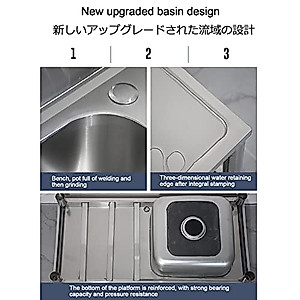 Utility Sink Single Bowl Stainless Steel Commercial Kitchen Sink w/Single Cold and Hot Faucet,with Left Right Drainboard for Laundry Backyard Garage Camping Portable Handwashing S
